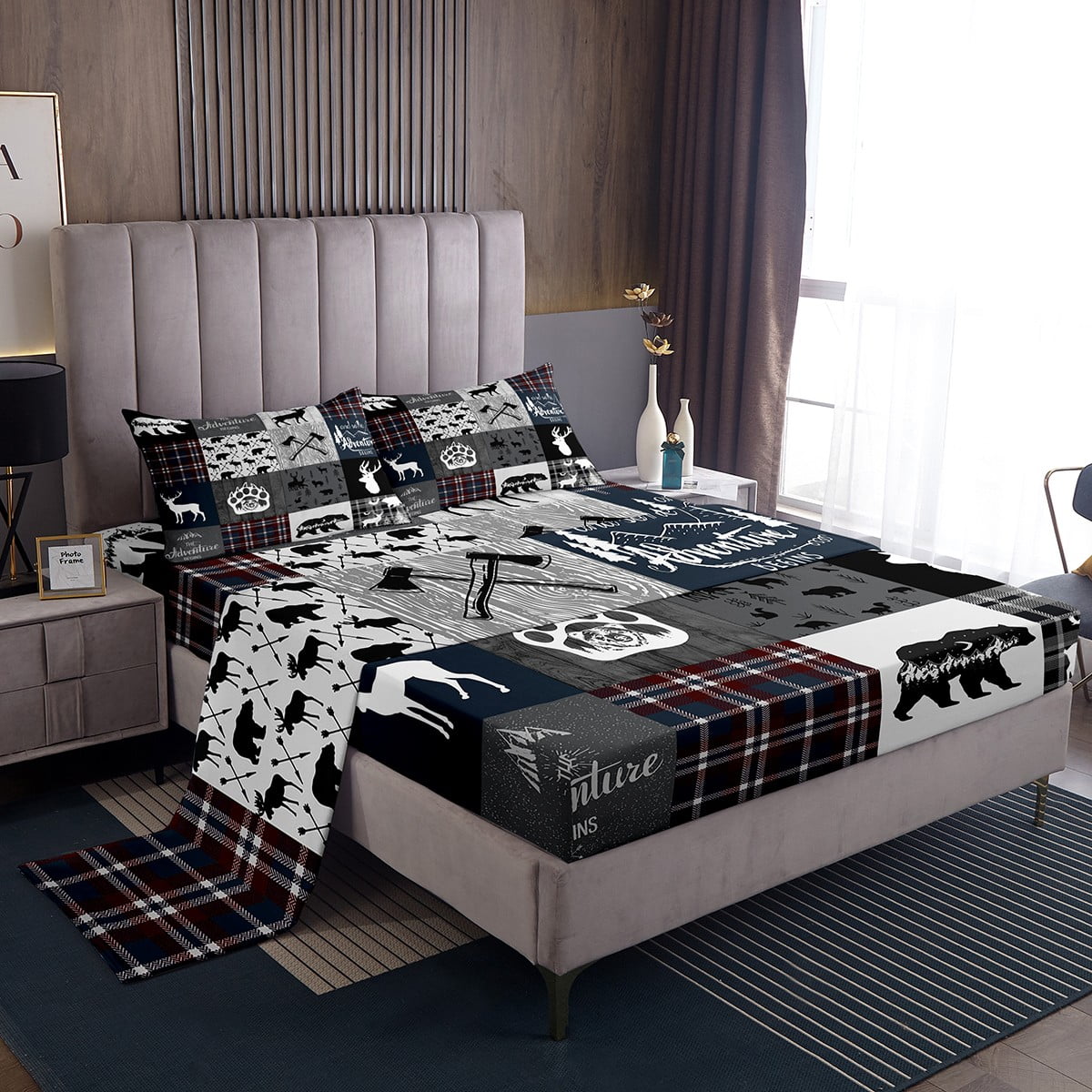 Rustic Plaid Patchwork Sheet Set, Hunting Bear Deer Bed Sheets Set Twin ...