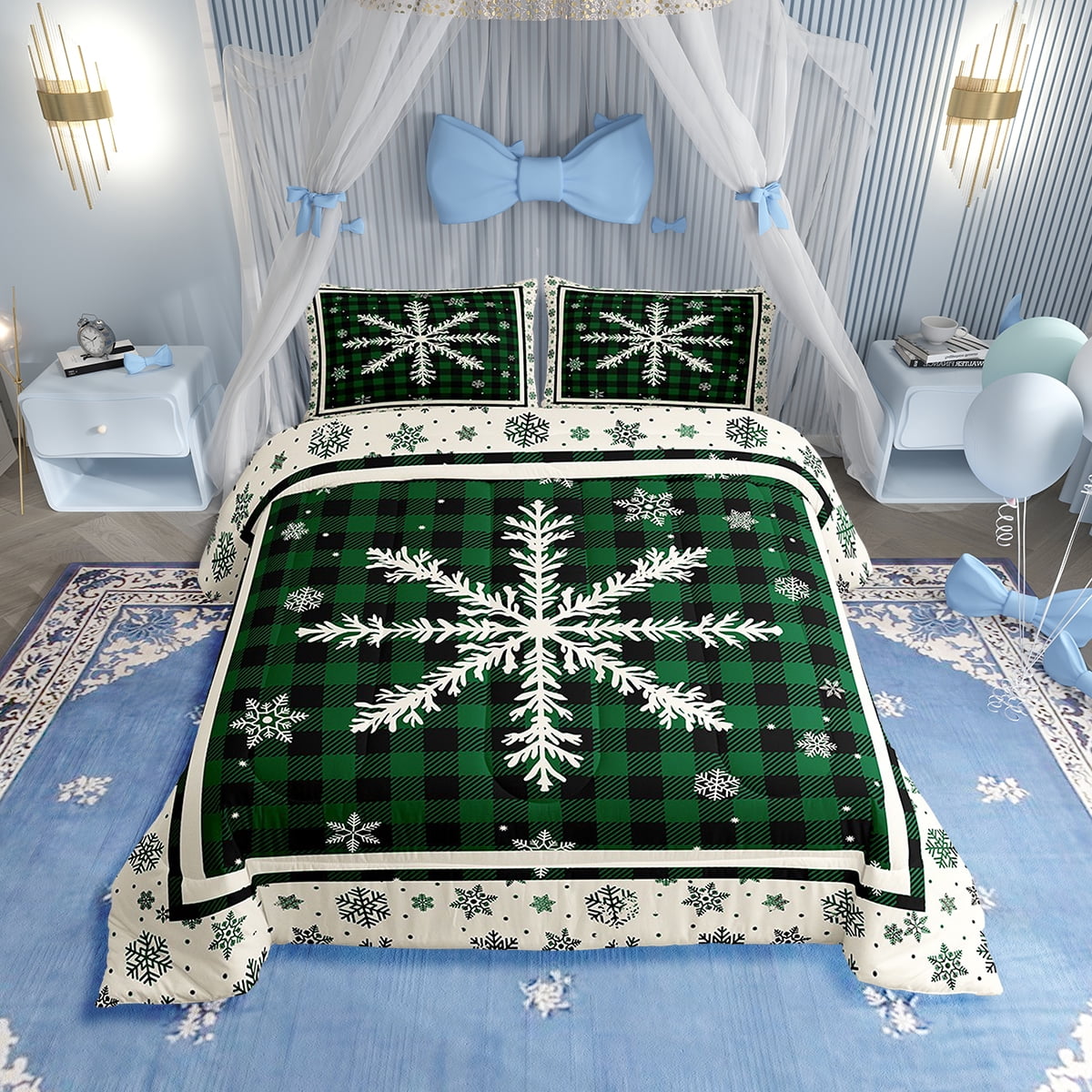 Rustic Plaid Snowflake Comforter Set Green Black Christmas Bedding Set ...