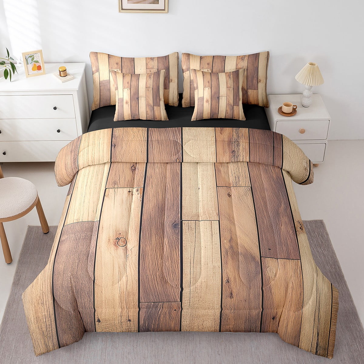 Rustic Plank 7 Piece Comforter Set Full Bed In A Bag,Brown Wood Bedding ...