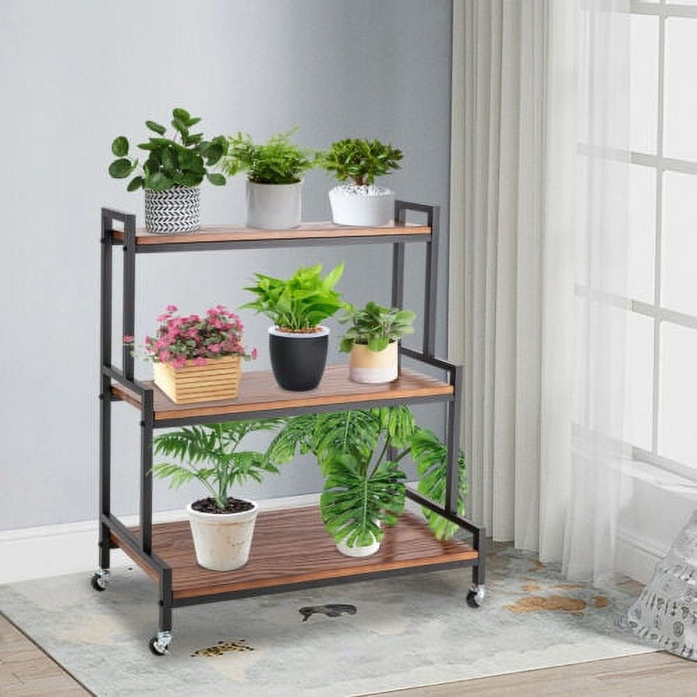 Rustic Plant Stand with Wheels, Rolling Plant Shelves Rack Indoor ...