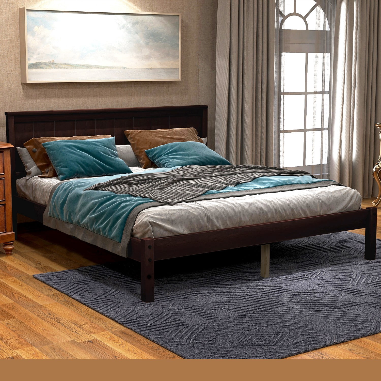 Rustic Platform Bed Frame with Headboard with Wood Slat Support, Full ...