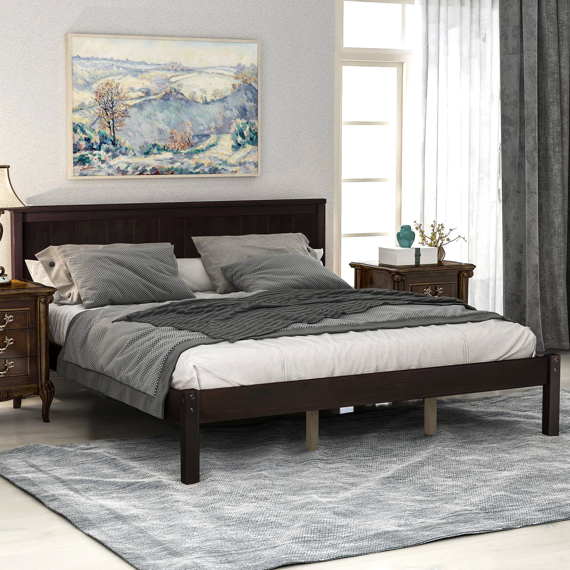 Rustic Platform Bed Frame with Headboard with Wood Slat Support, Queen ...