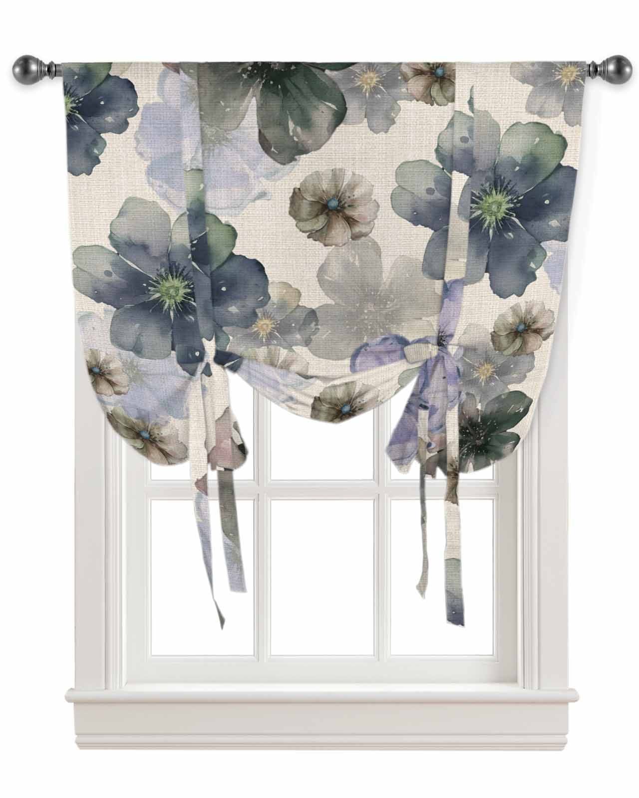 Rustic Purple Black Spring Floral Tie Up Curtains for Kitchen Bathroom ...