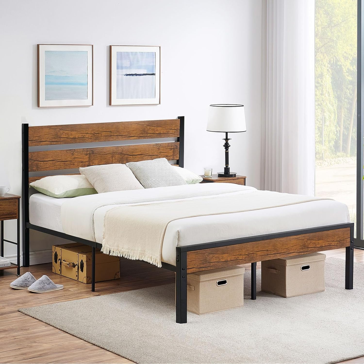 Rustic Queen Bed Frame with Headboard,Farmhouse Platform Bed Frame ...