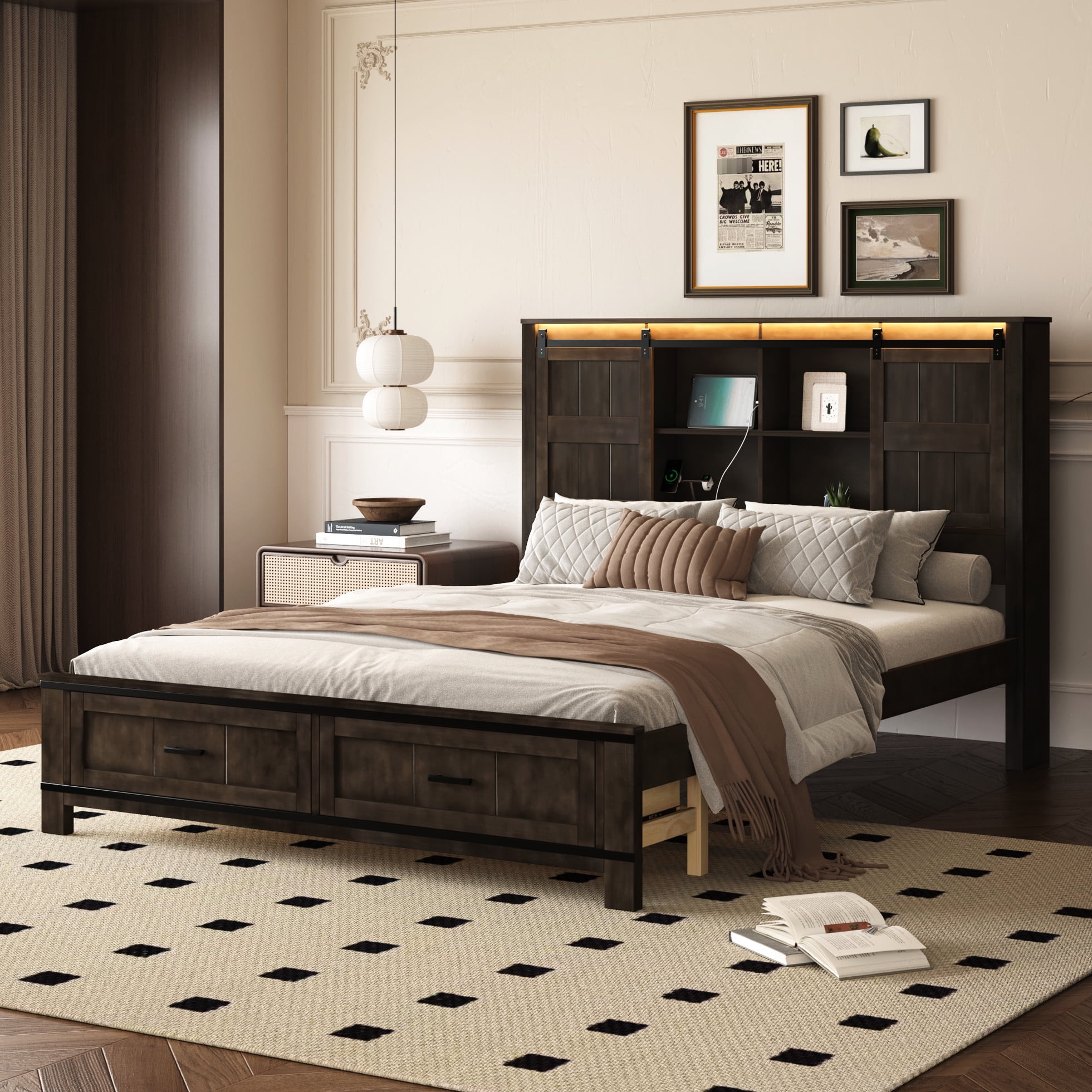 Rustic Queen Platform Bed With Barn Door Headboard, 2 Drawers ...