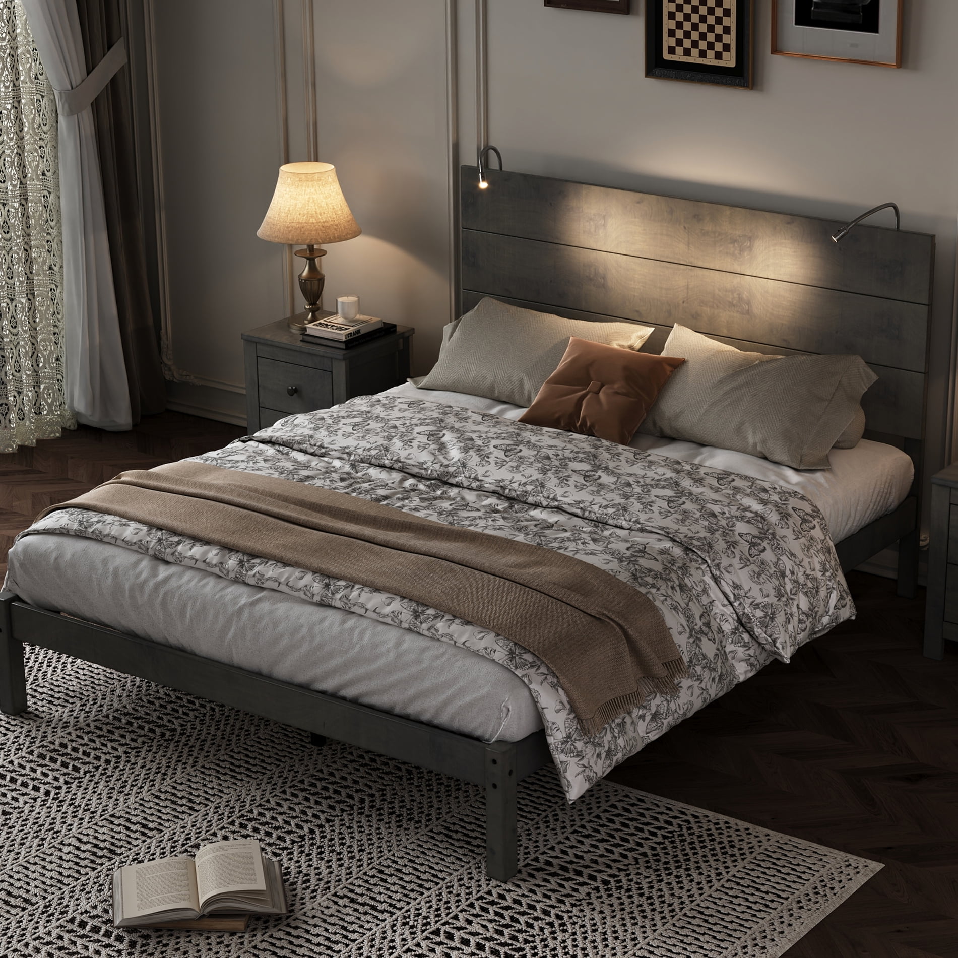 Rustic Queen Platform Bed With Two Bedside Lights, Antique Gray Finish ...