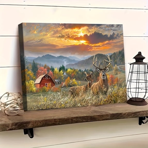 Rustic Realism Autumn Valley Deer Red Barn Sunset Wall Art, Seasonal ...