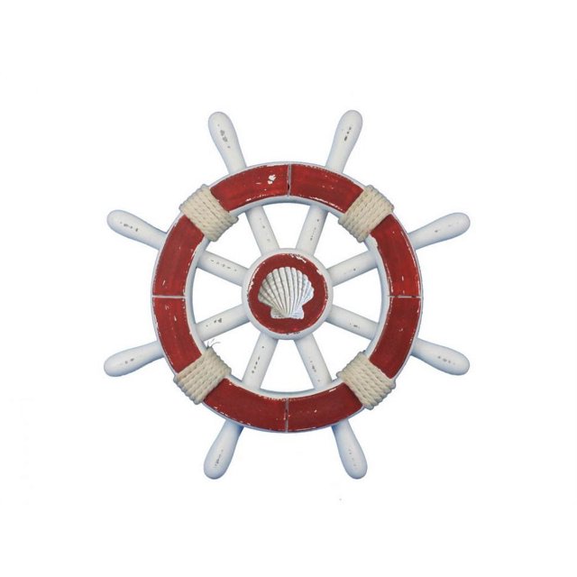 Rustic Red And White Decorative Ship Wheel With Seashell 12" - Ship ...