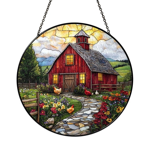 Rustic Red Barn Farm Scene Stained Glass Style Suncatcher, Window ...