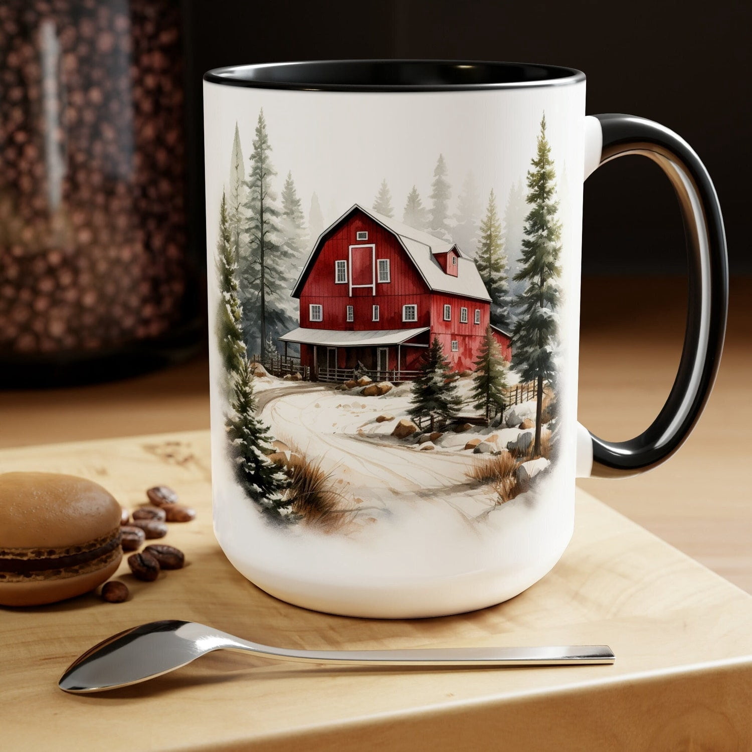 Rustic Red Barn Mug Winter Farmhouse Coffee Cup Cozy Cabin Snow Scene ...