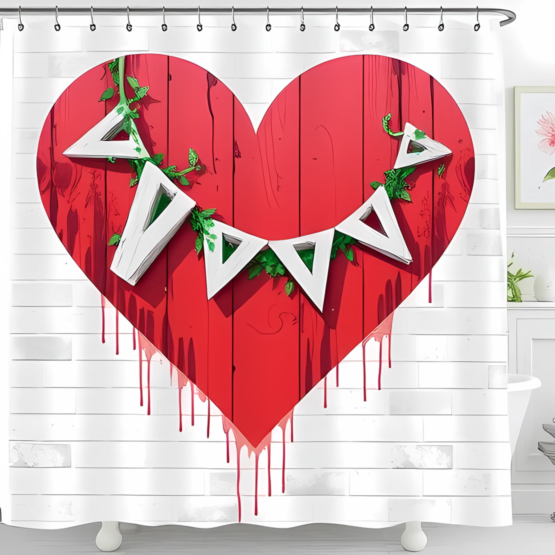 Rustic Red Heart Shower Curtain with White Pennant & Green Foliage ...