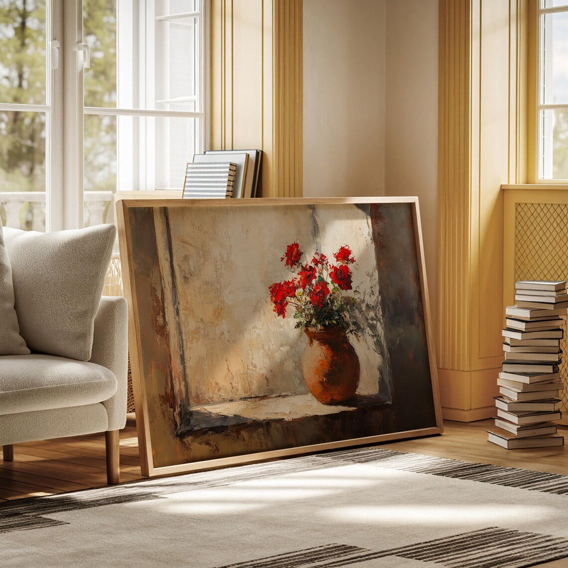 Rustic Red Roses Vintage Oil Painting Of Flowers In Clay Pot On Window Ledge Farmhouse Floral ...