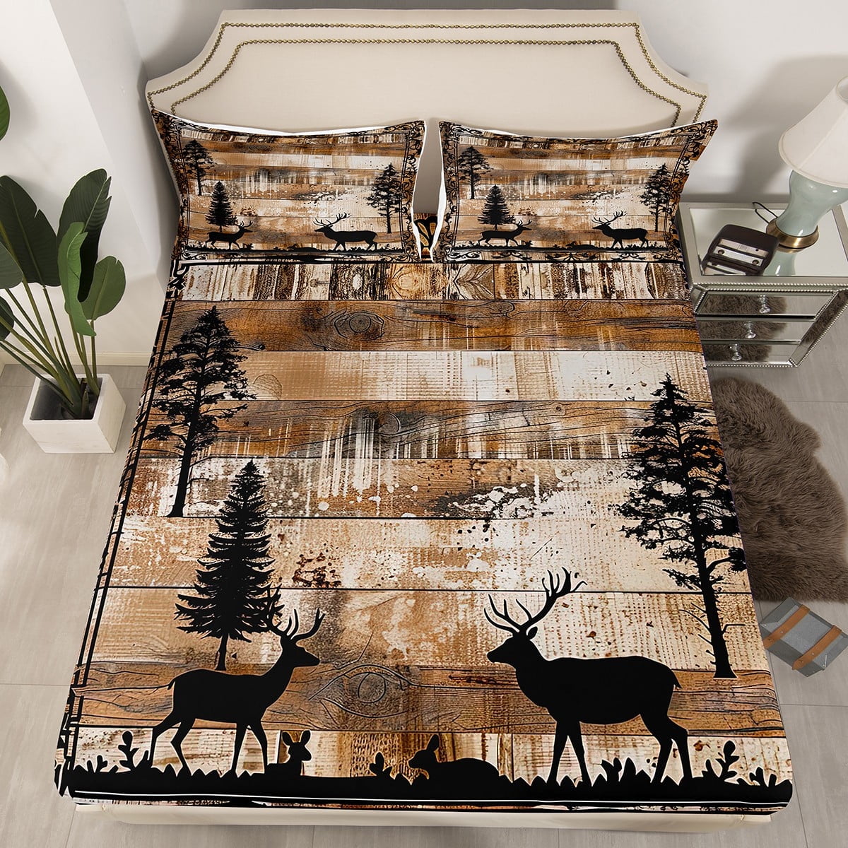 Rustic Reindeer Fitted Sheet Full,Retro Cabin Bed Sheets Teens Adult ...