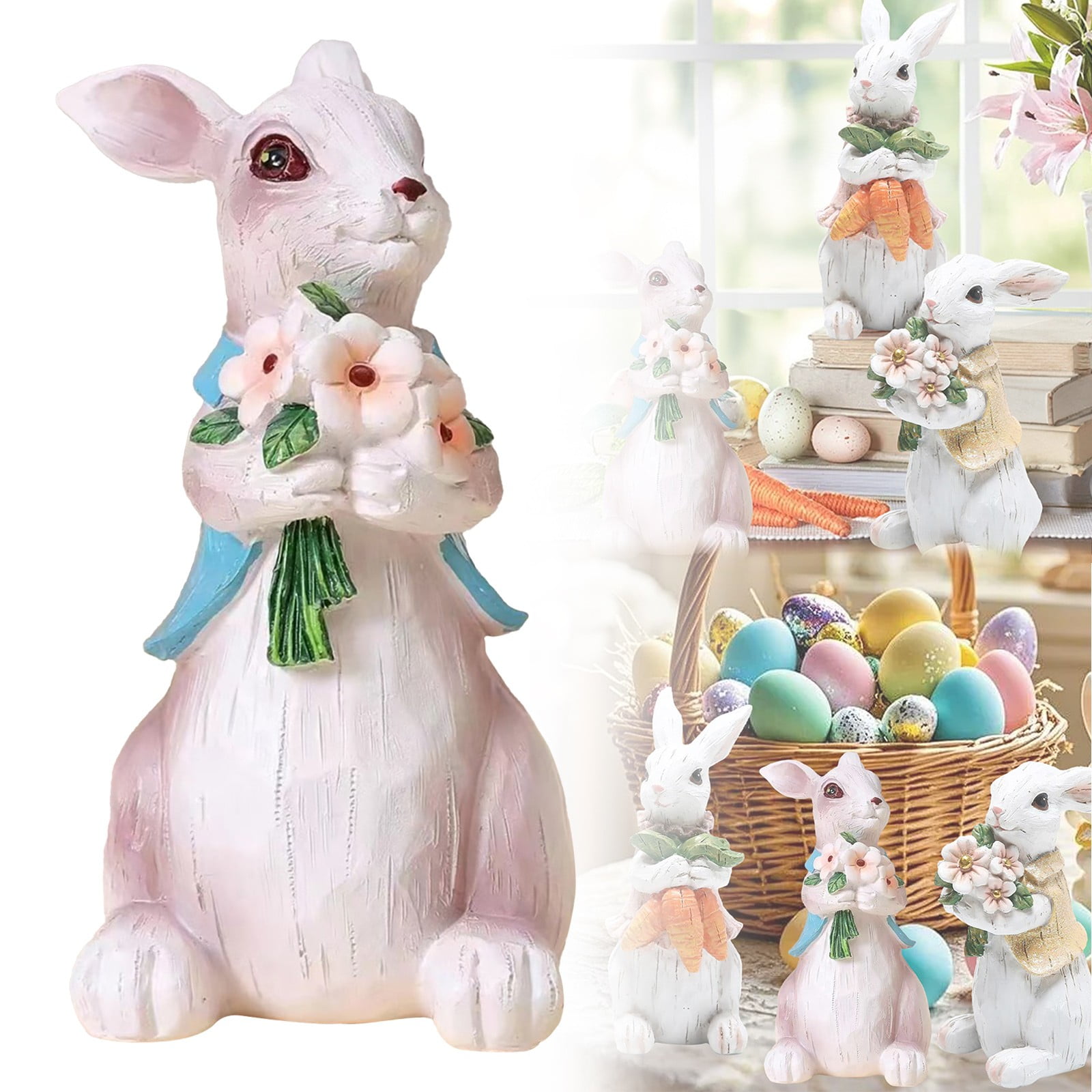 Rustic Resin Easter Bunny Figurine with Carrot & Flower, Spring Table ...