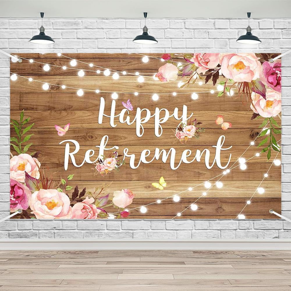 Rustic Retirement Banner Backdrop for Women Pink Floral Happy ...