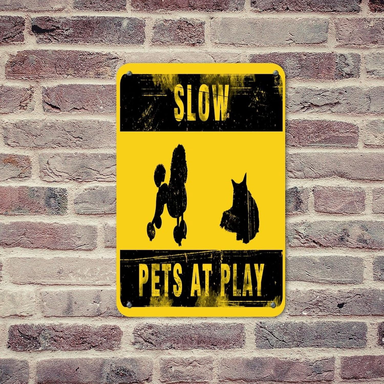 Rustic Retro Metal Plaque Slow Pets at Play Signs Dog Cat Animal Road ...