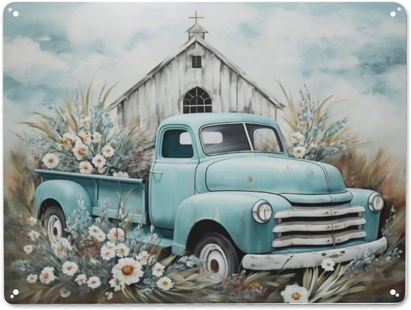 Rustic Retro Metal Tin Sign Farmhouse Truck Wall Art Old Barn Cross ...