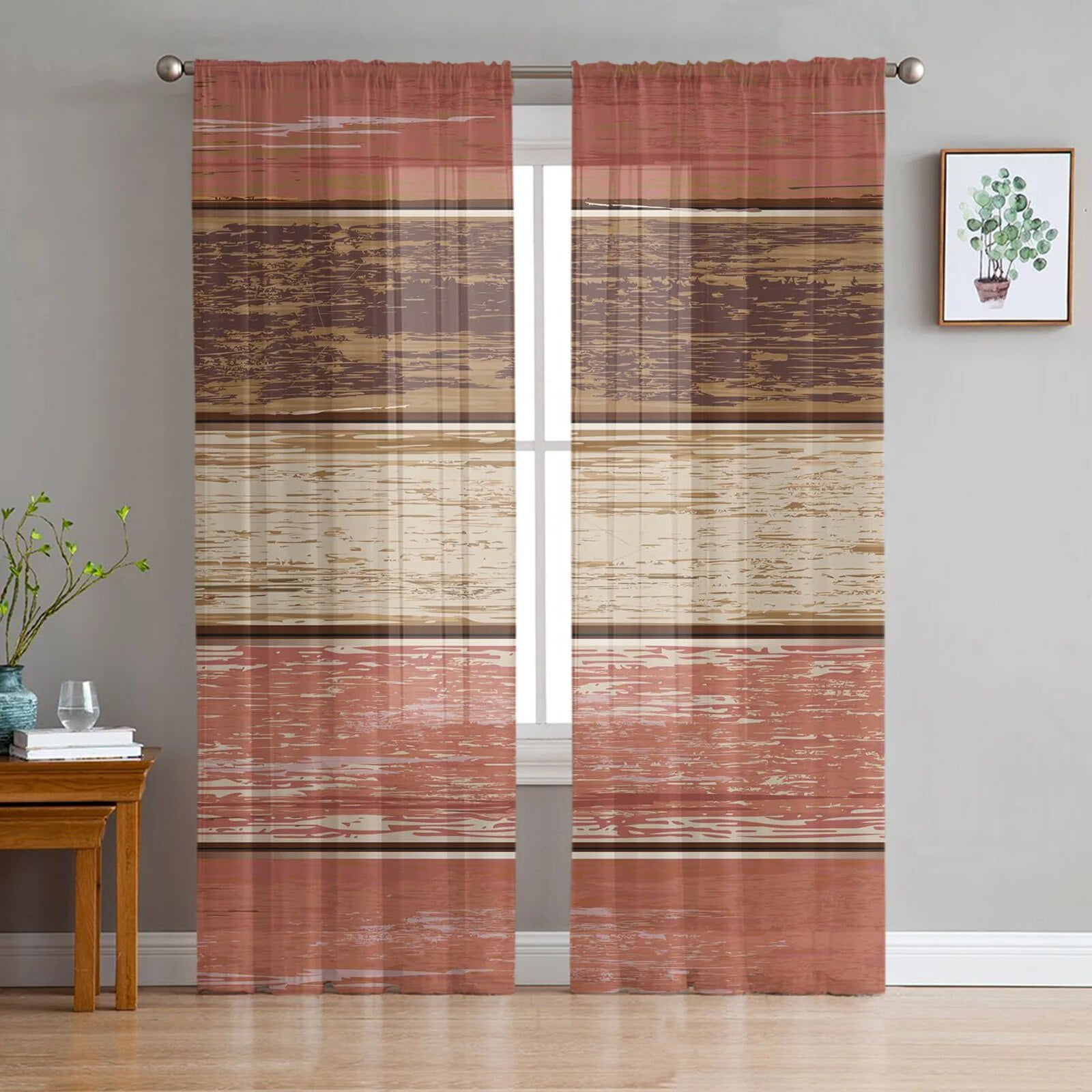Rustic Retro Wood Grain Texture Red Tulle Curtains Living Room Kitchen ...