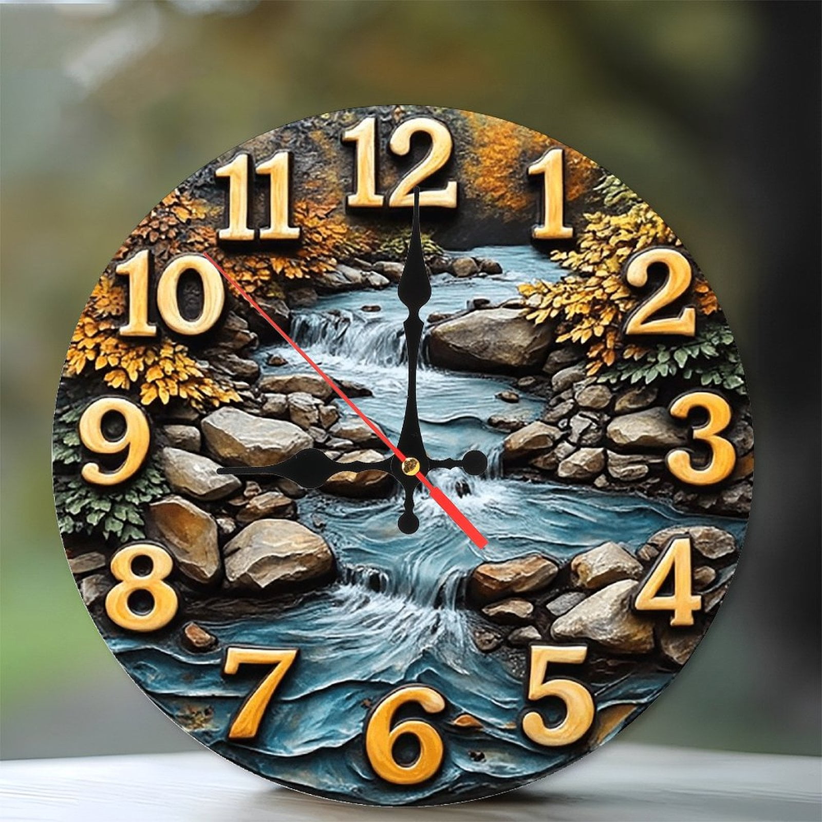 Rustic River Stone Wall Clock 10-Inch Silent Wooden Wall Clock, Battery ...