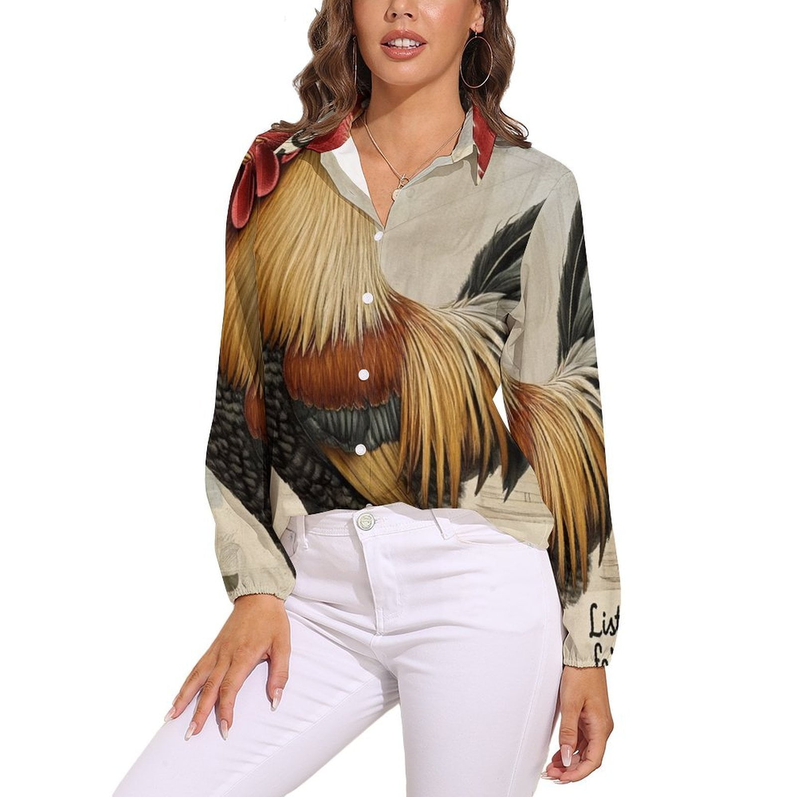 Rustic Rooster Art Print-1 Vntage Casual Long Sleeve Shirt Blouse Woman ...