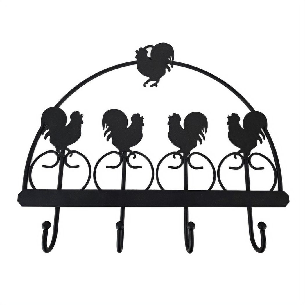 Rustic Rooster Black Iron Metal 4 Hook Wall Mount Kitchen Rack 21.5 x ...