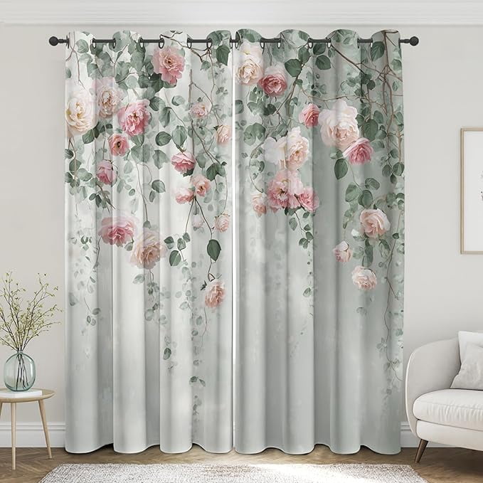 Rustic Rose Blackout Curtains for Living Room, Green Vines Leaves ...