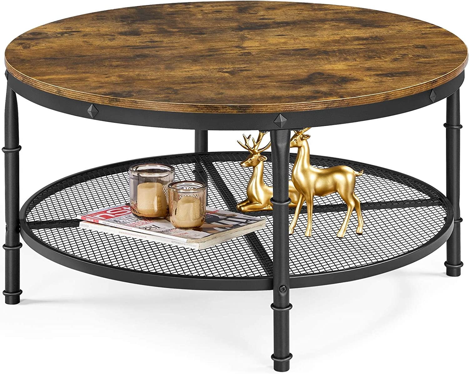 Rustic Round Coffee Table Modern Vintage w/Iron Mesh Open for Bedroom ...