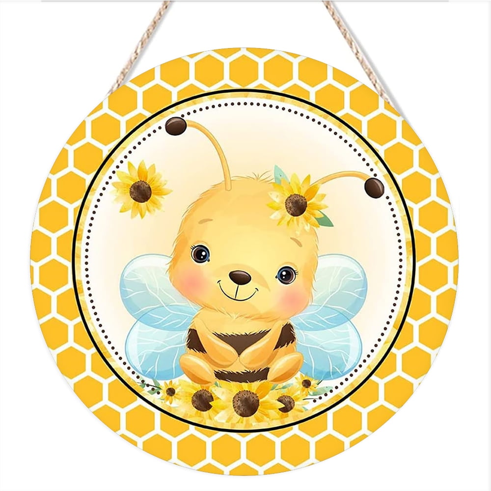 Rustic Round Hanging Wood Sign Bumble Bee With Sunflowers Circle Shaped ...