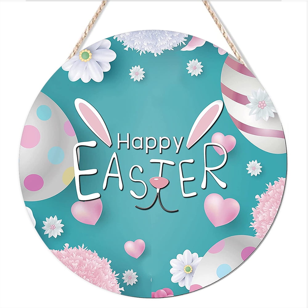 Rustic Round Hanging Wood Sign Bunny Ears Egg Happy Easter Jesus Rabbit ...
