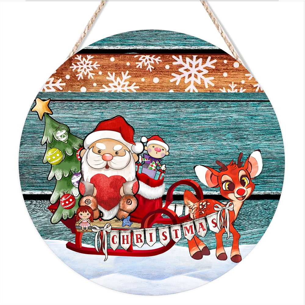Rustic Round Hanging Wood Sign Christmas Reindeer Sign, Santa and Santa ...