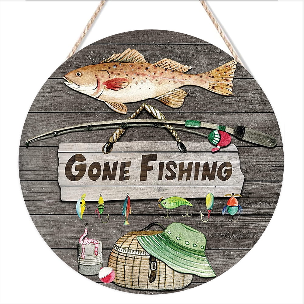 Rustic Round Hanging Wood Sign Fishing Wreath Sign,Gone Fishing Wood ...