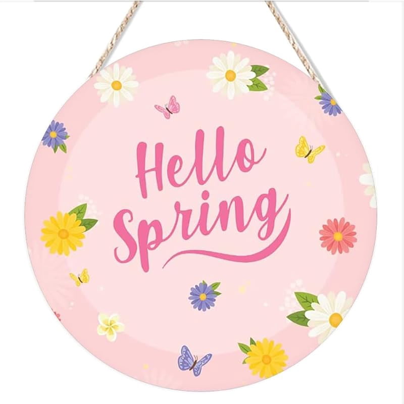 Rustic Round Hanging Wood Sign Hello Spring Wreath Sign Wooden Plaques ...