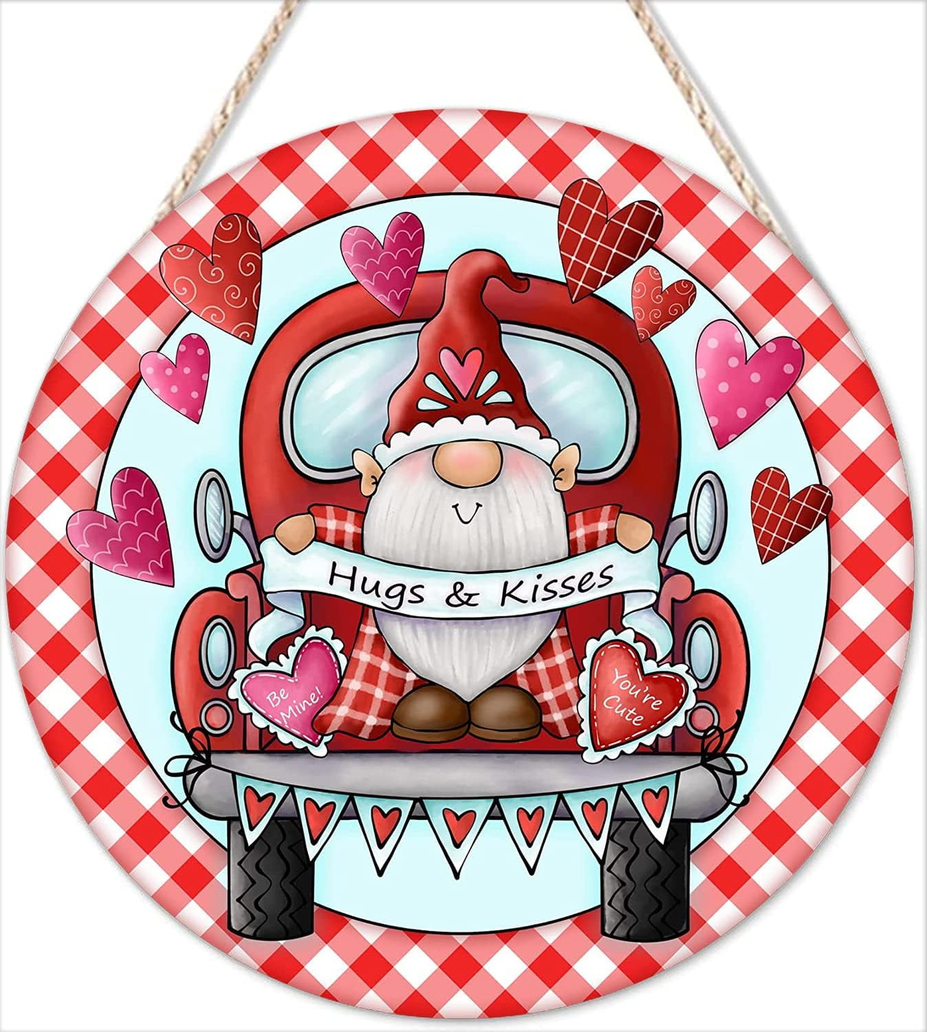 Rustic Round Hanging Wood Sign Hugs and Kisses Gnome Valentine Sign ...