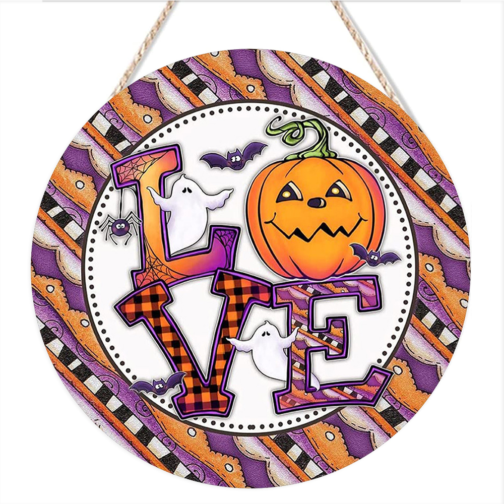 Rustic Round Hanging Wood Sign Jack O Lantern Love Halloween Ghost ...