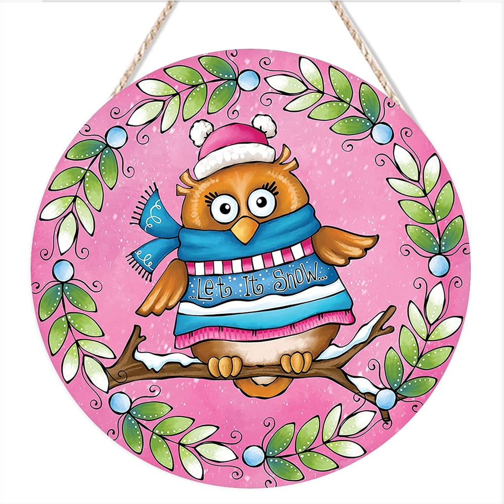 Rustic Round Hanging Wood Sign Pastel Winter Wreath Sign,Winter Owl ...
