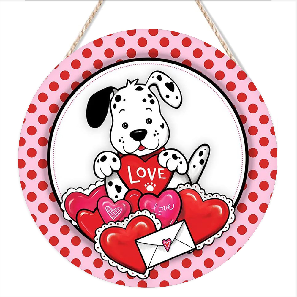 Rustic Round Hanging Wood Sign Pink and Red Valentines Day Puppy With ...