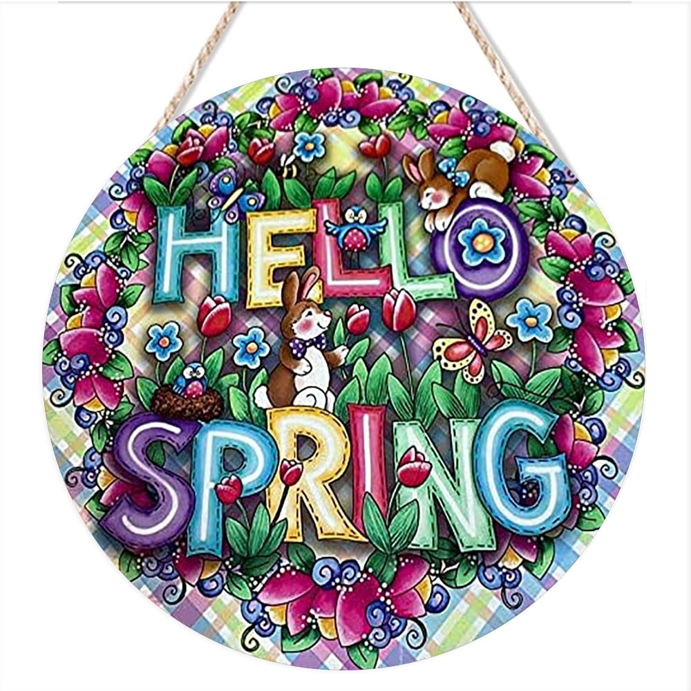 Rustic Round Hanging Wood Sign Spring Sign, Hello Spring Sign, Bunny ...