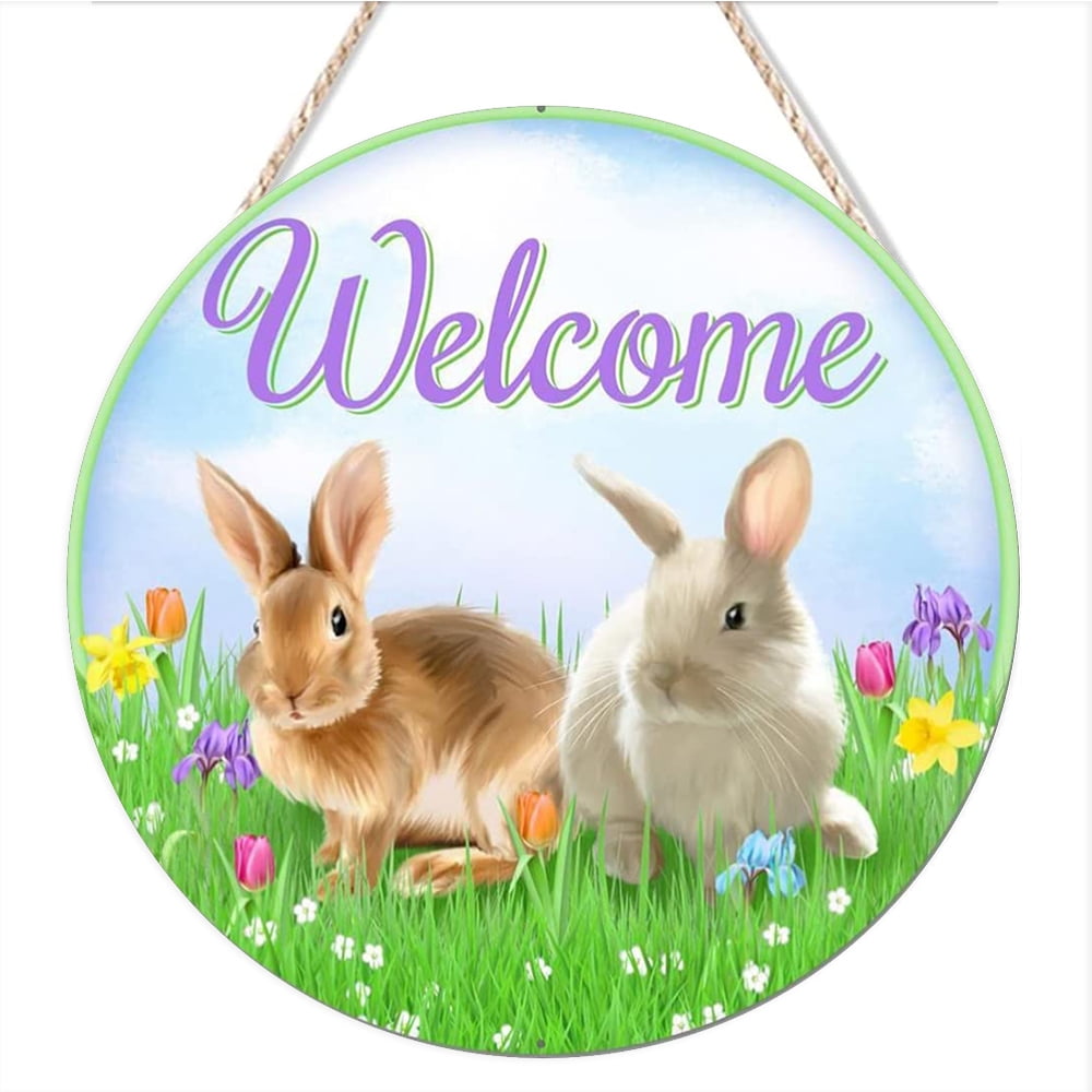 Rustic Round Hanging Wood Sign Welcome Sign Bunnies Wall Decor Spring ...
