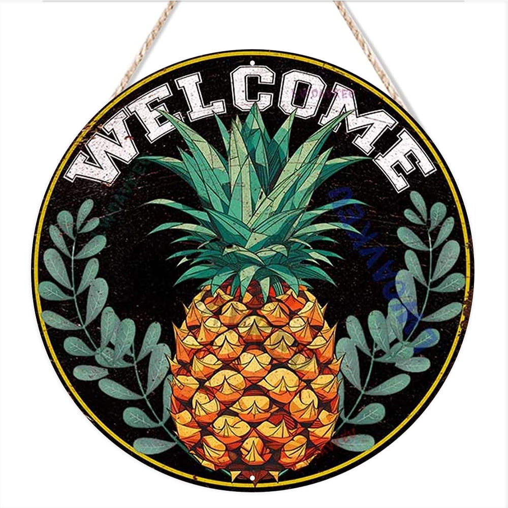 Rustic Round Hanging Wood Sign Welcome Pineapple Wooden Plank Sign For ...