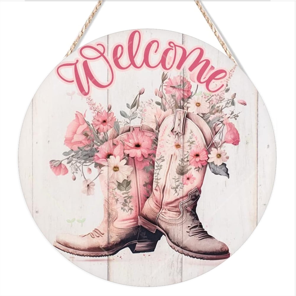 Rustic Round Hanging Wood Sign Welcome Pink Floral Cowboy Boots Rustic ...