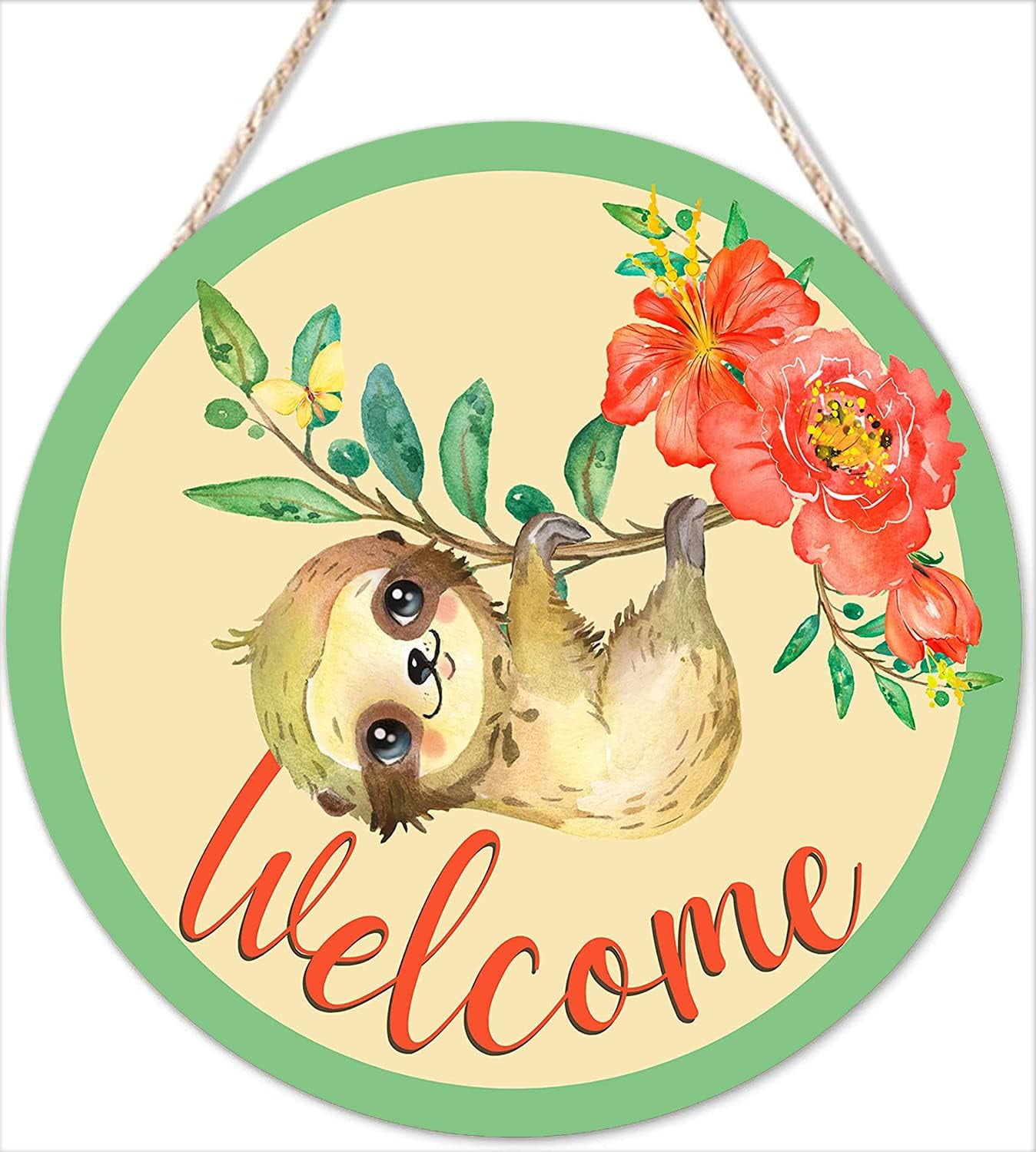 Rustic Round Hanging Wood Sign Welcome Sloth Wreath Sign, Summer Wall ...