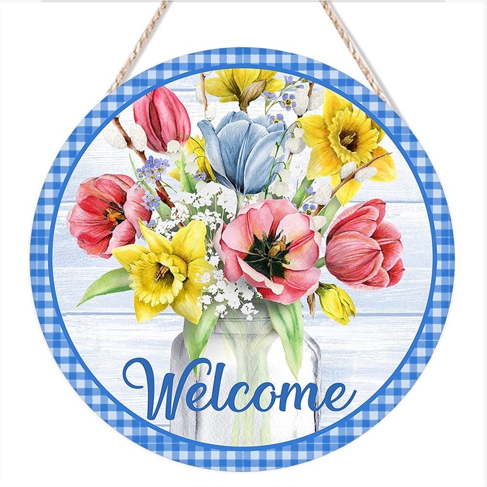 Rustic Round Hanging Wood Sign Welcome Spring Flowers Blue Check ...