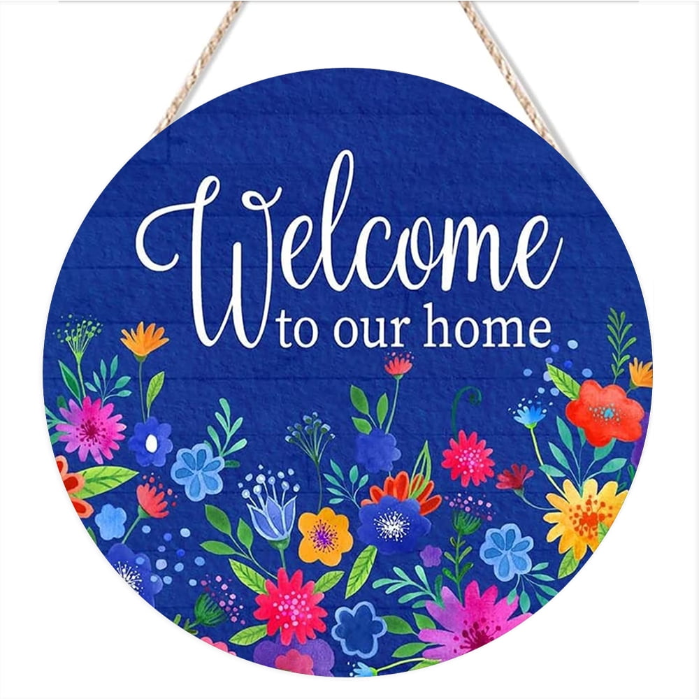 Rustic Round Hanging Wood Sign Welcome To Our Home Blue Floral Wreath ...