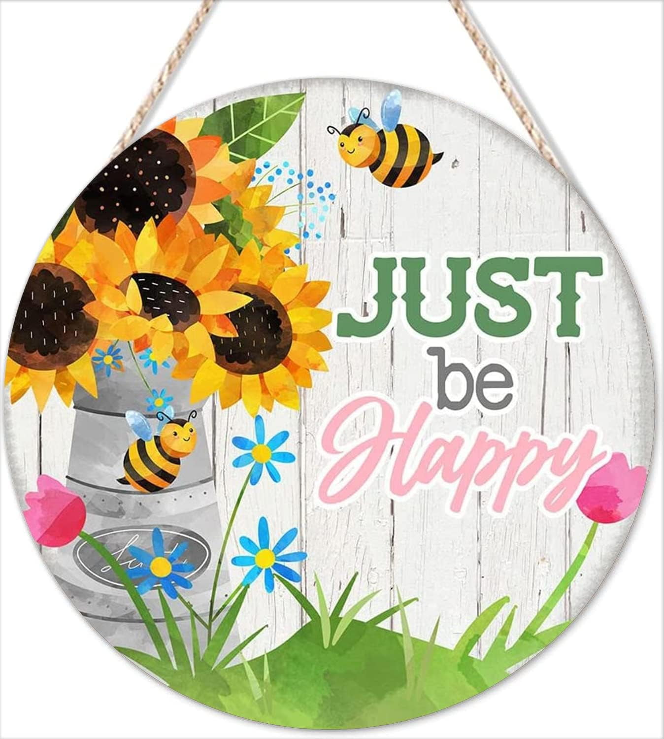 Rustic Round Just Be Happy Bee and Flower Circle Shaped Spring Wooden ...