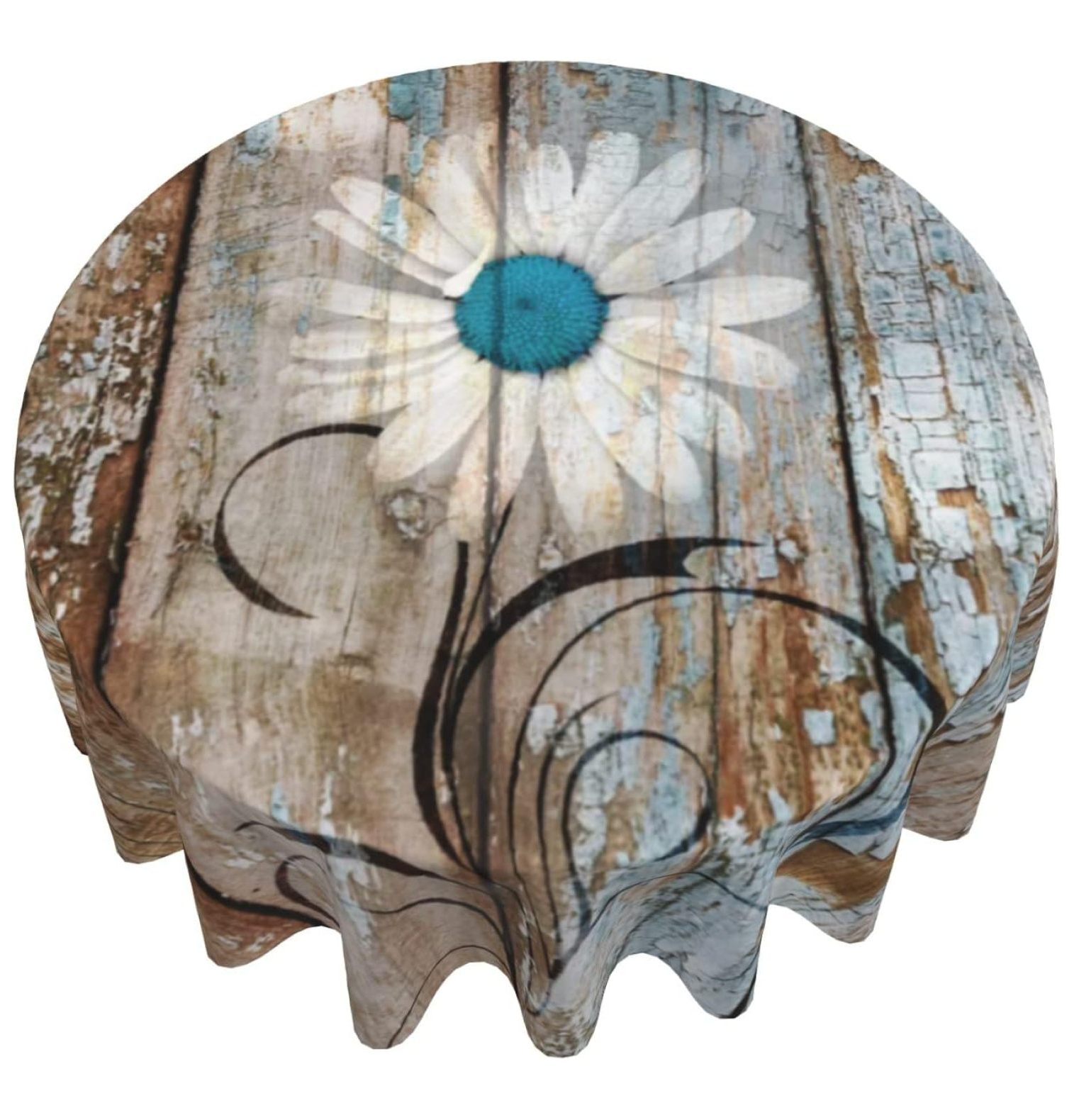 Rustic Round Tablecloth 60" Vintage Flower on Wood Grain Board Circle ...