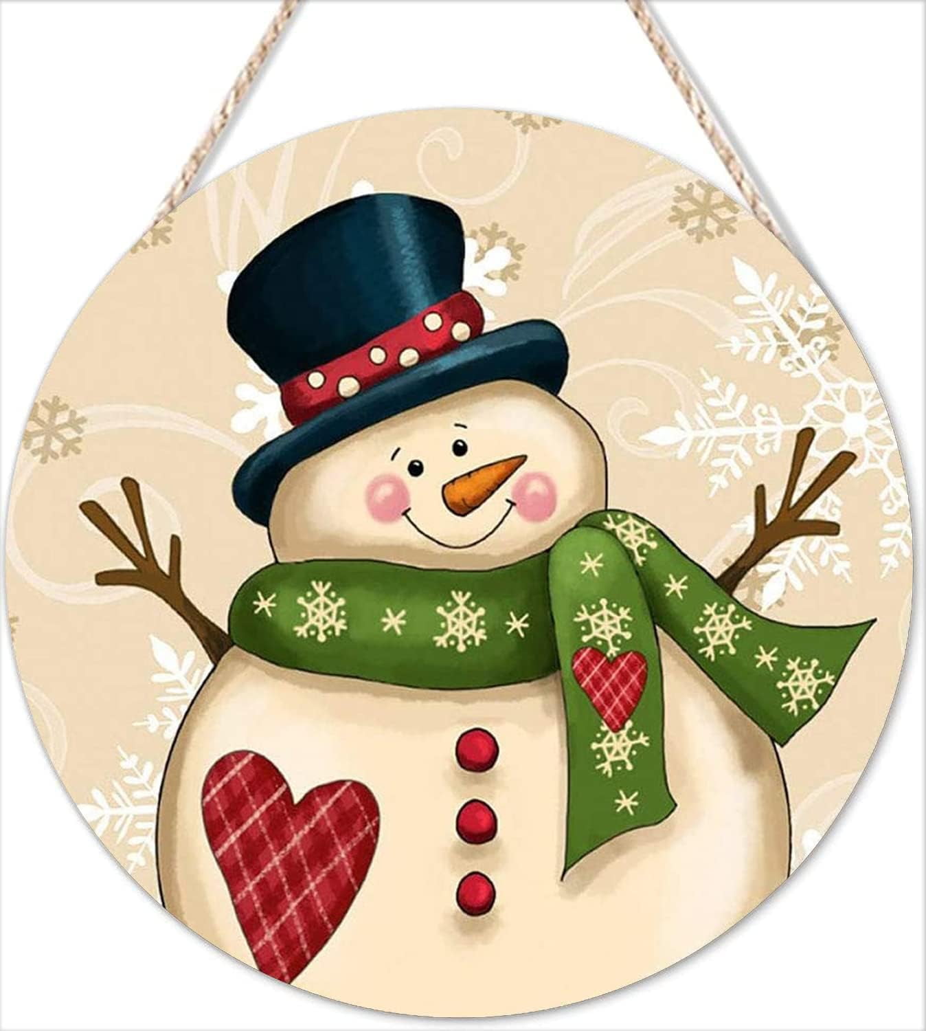 Rustic Round Wood Sign Beige and Cream Snowman Wreath Sign Christmas ...