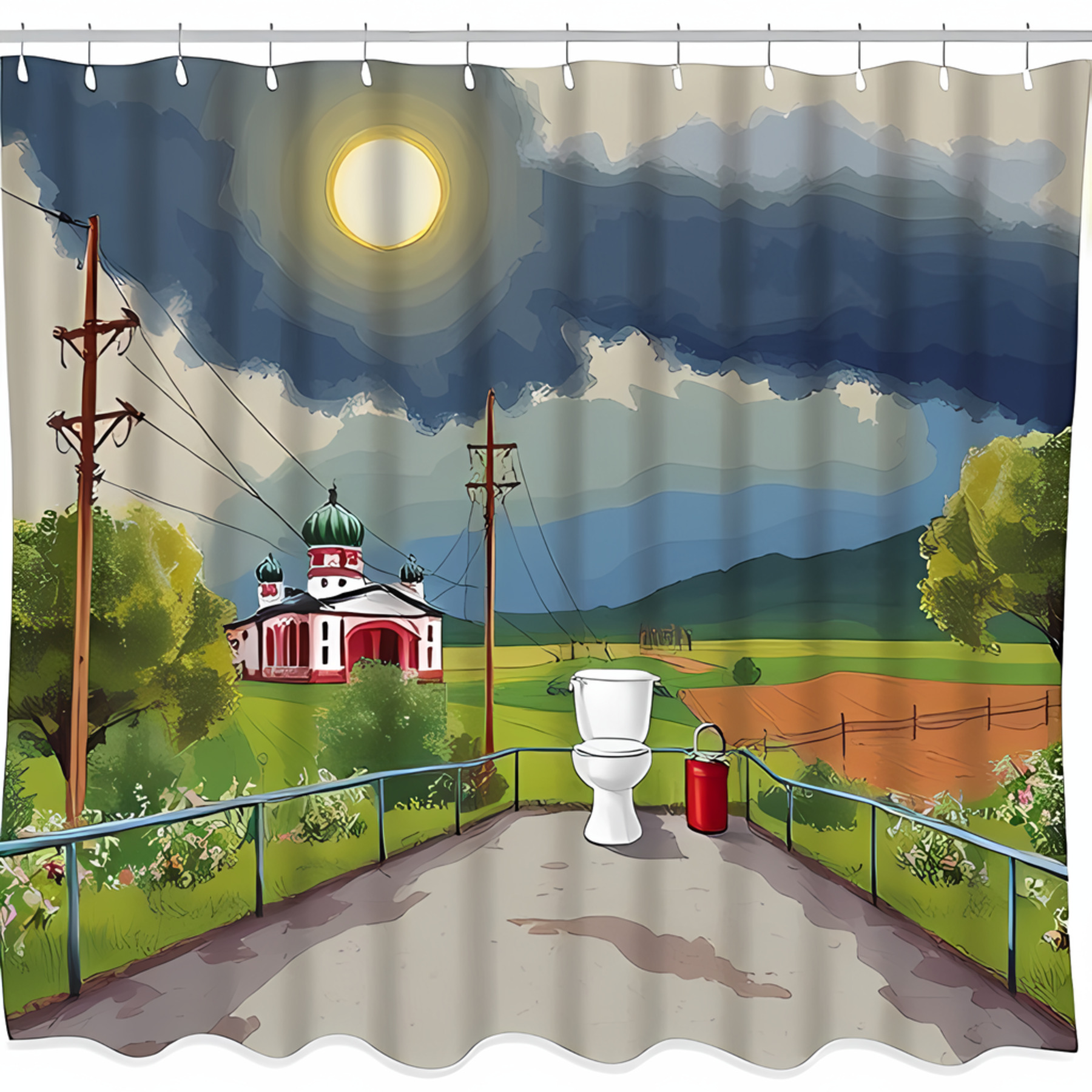 Rustic Rural Shower Curtain - Scenic White Pathway with Green Fields ...