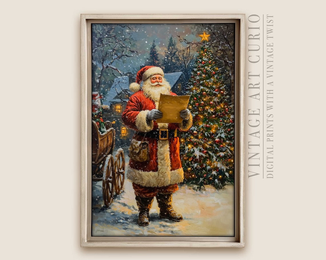Rustic Santa Claus Wall Art, Winter Eve Scene Of Santa With Nice List ...