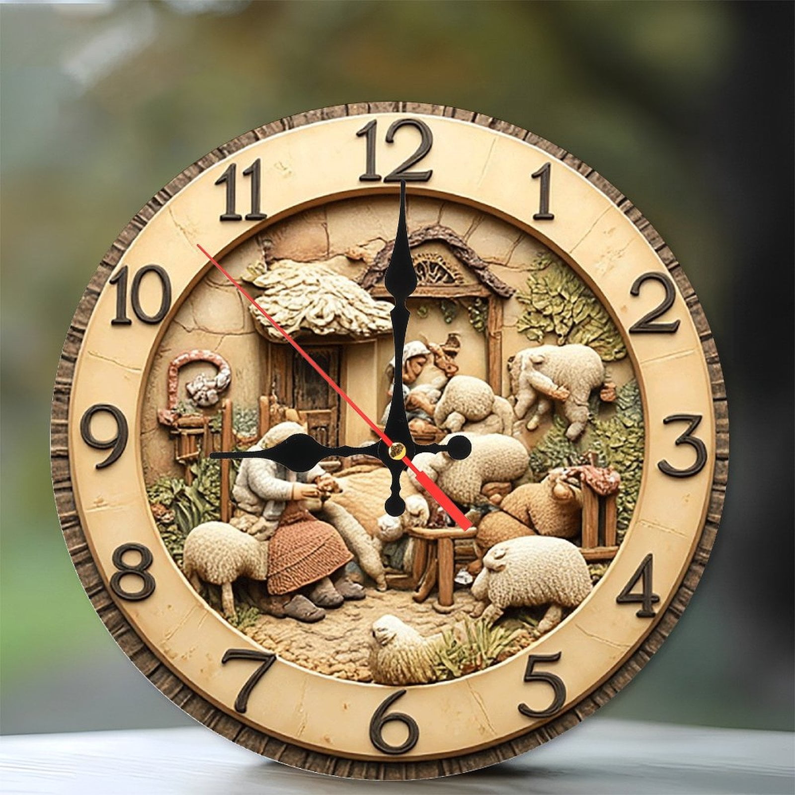 Rustic Sheep Farm Wall Clock Figurine 10-Inch Silent Wooden Wall Clock ...
