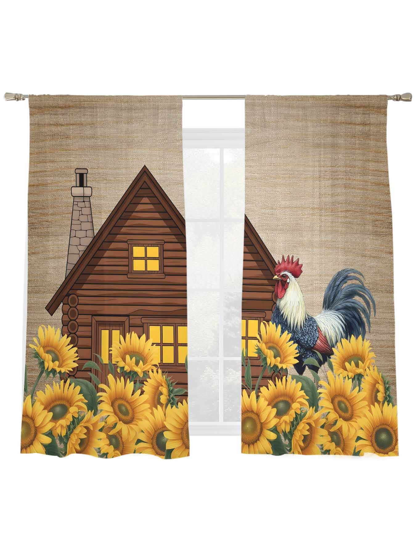 Rustic Sheer Curtains 2 Panels Set Farmhouse Barn Chicken Sunflowers ...
